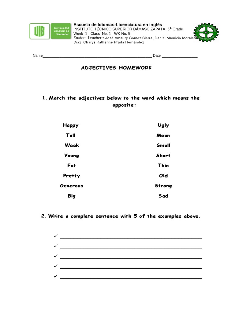 Adjectives Homework for English Class | PDF | Wellness