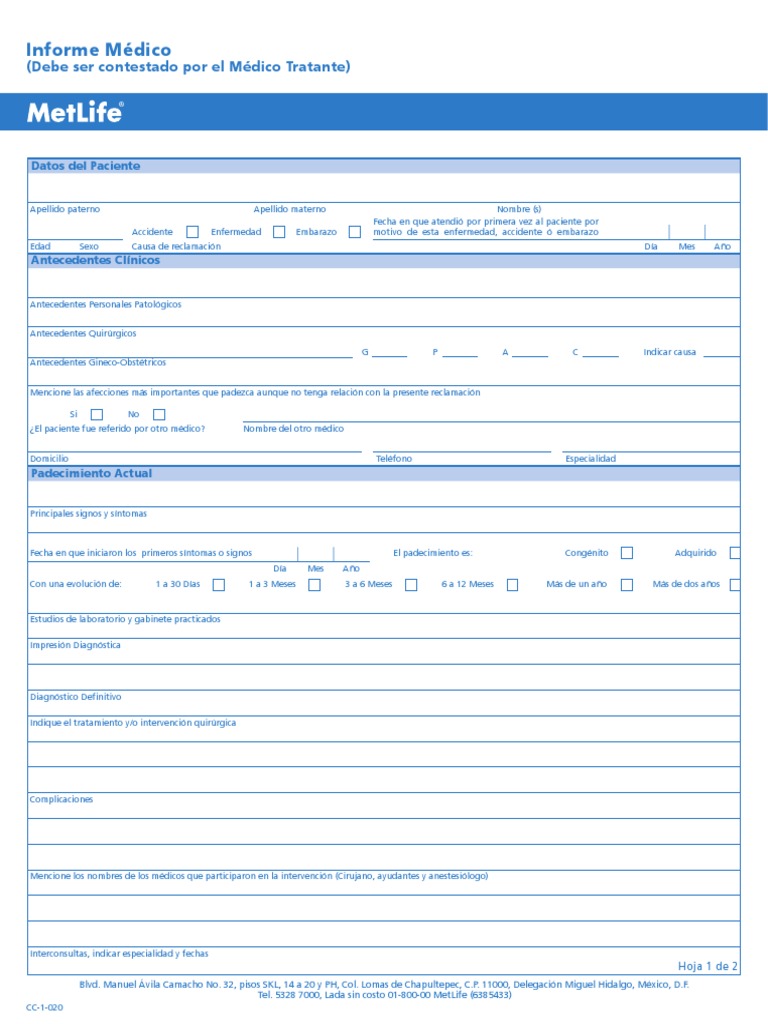 Informe Medico Metlife | Cirugía | Hospital