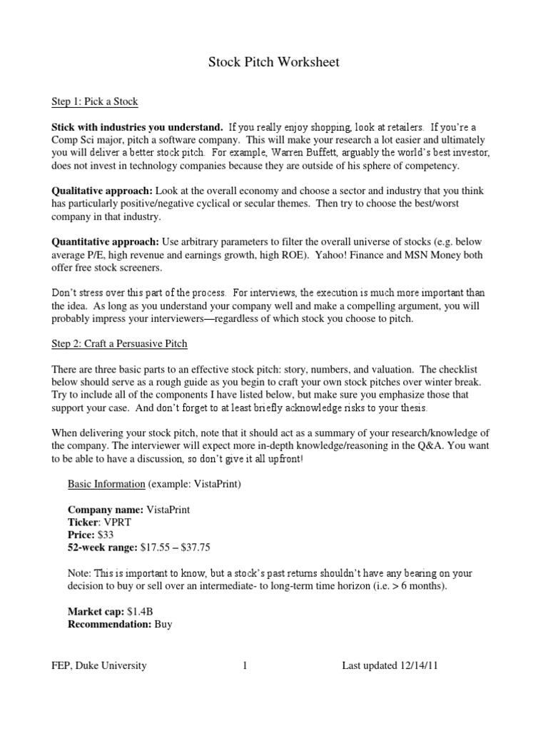 Stock Pitch Worksheet Guide | PDF | Revenue | Price–Earnings Ratio