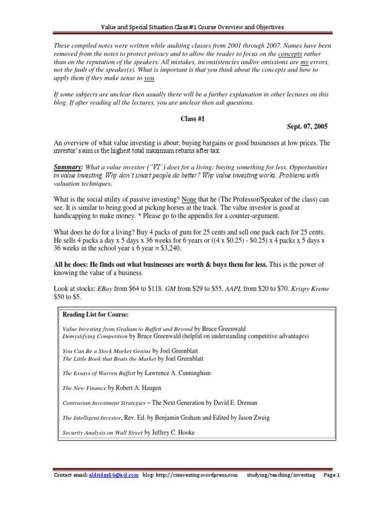 Value Investing Course Overview | PDF | Discounted Cash Flow | Value ...