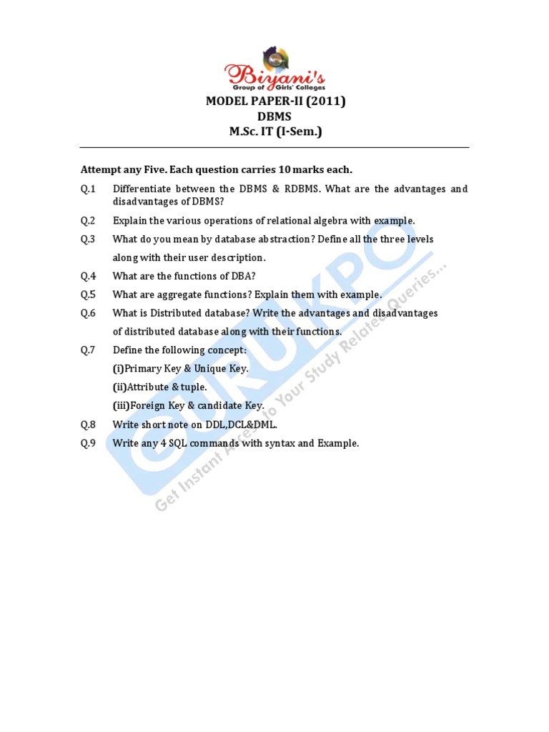 MODEL PAPER II (2011) Dbms M.Sc. IT (I Sem.) : Attempt Any Five. Each ...