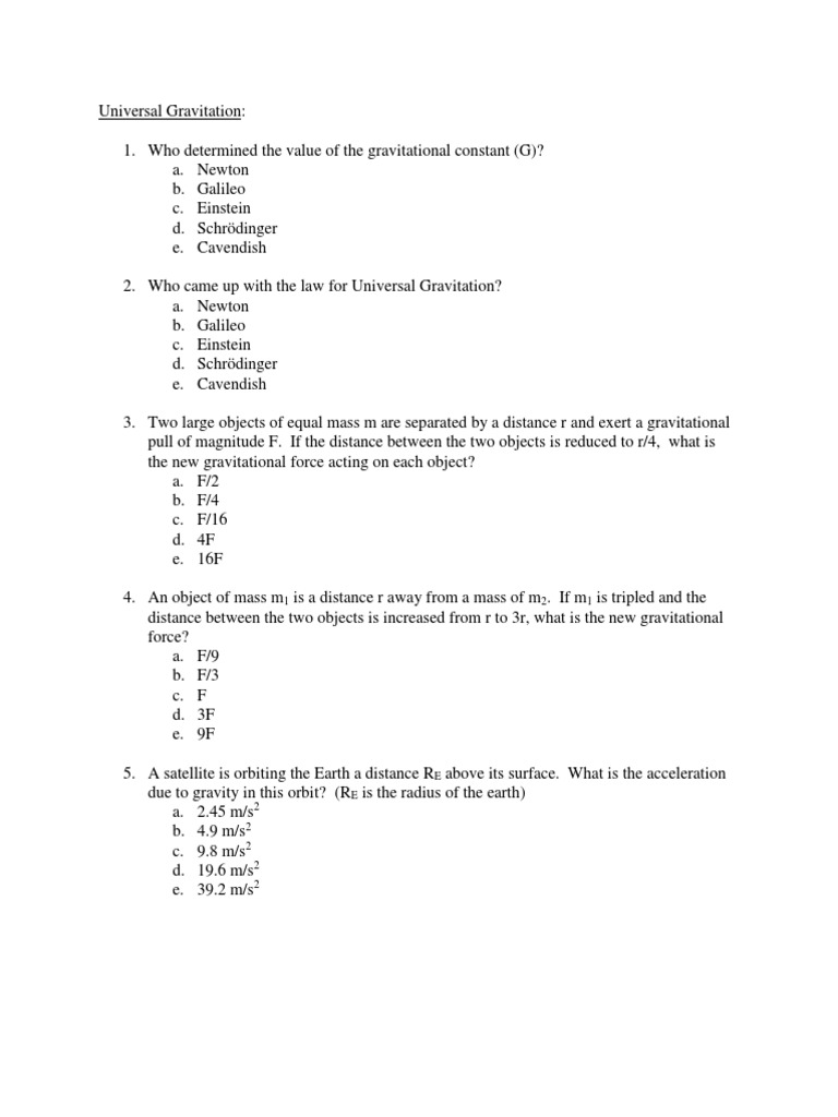 Universal Gravitation Quiz and Answers | PDF | Gravity | Orbit