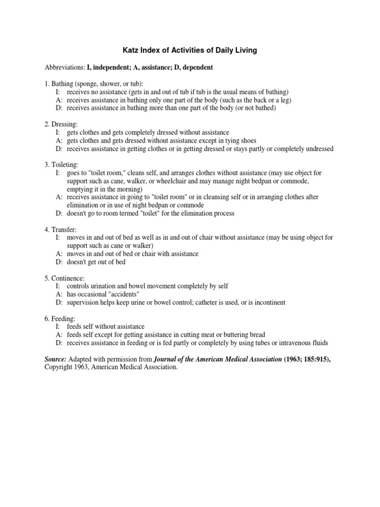 Katz Index of Activities of Daily Living | PDF