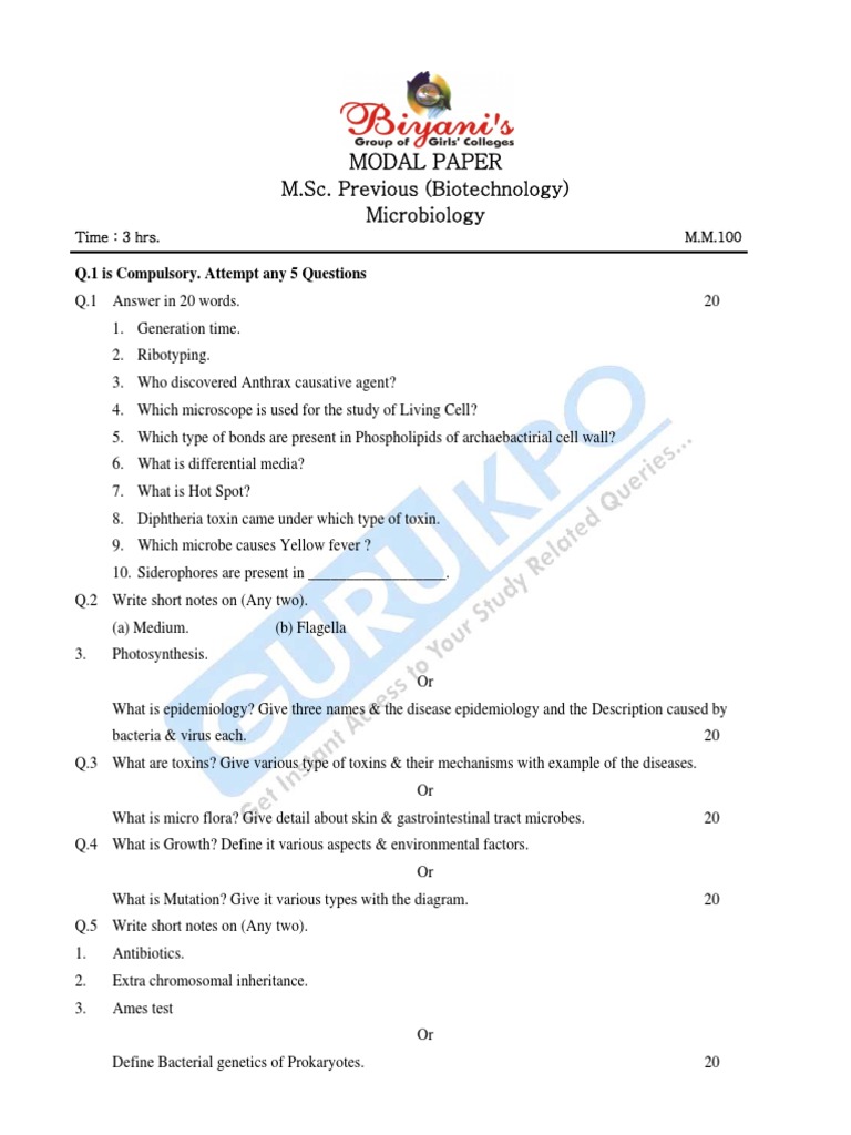 Modal Paper: M.Sc. Previous (Biotechnology) Microbiology | PDF