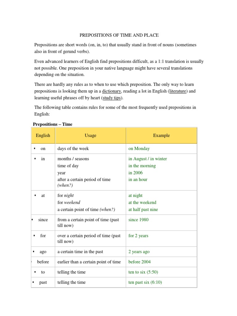 Prepositions of Time and Place | PDF | Preposition And Postposition ...