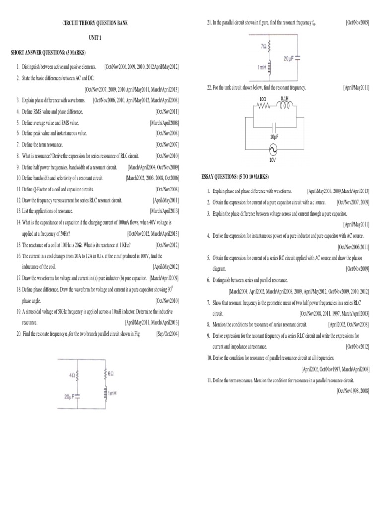 Circuit Theory Question Bank | PDF | Series And Parallel Circuits ...