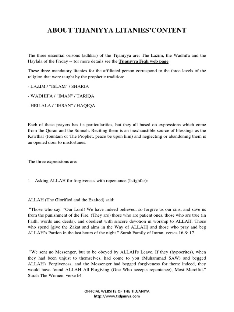 Tijaniyya Litanies Content | PDF | Sin | Muhammad