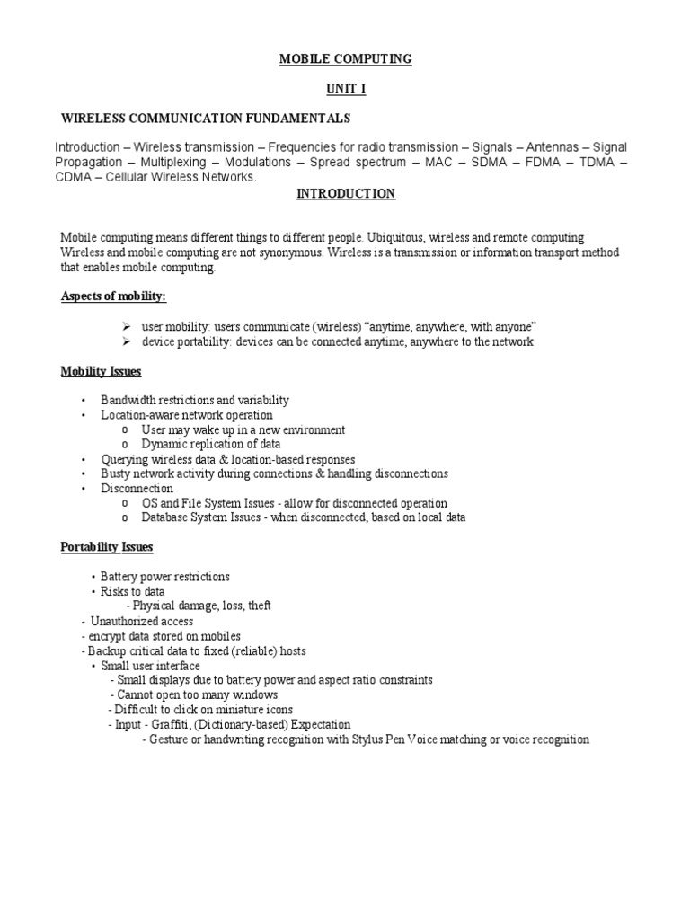Mobile Computing Unit I Wireless Communication Fundamentals | PDF | Antenna (Radio) | Modulation