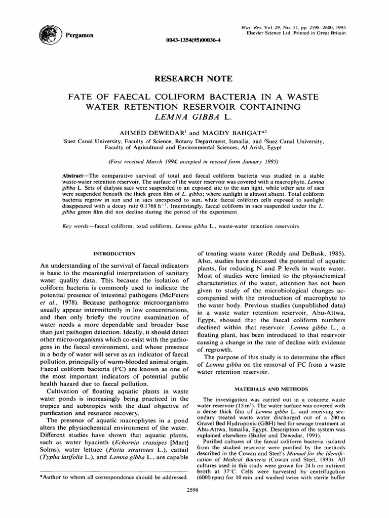 Fate of Faecal Coliform Bacteria in A Waste Water Retention Reservoir ...