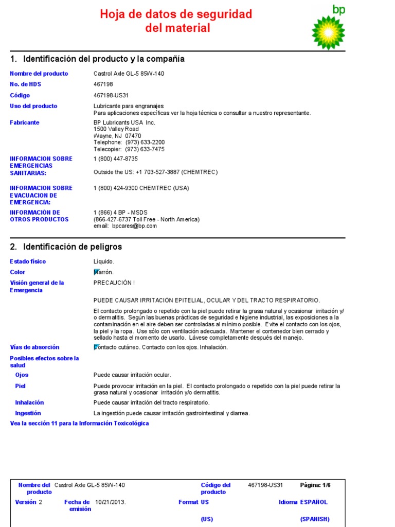 MSDS Castrol Axle GL-5 85W-140 | PDF | Contaminación | Guante
