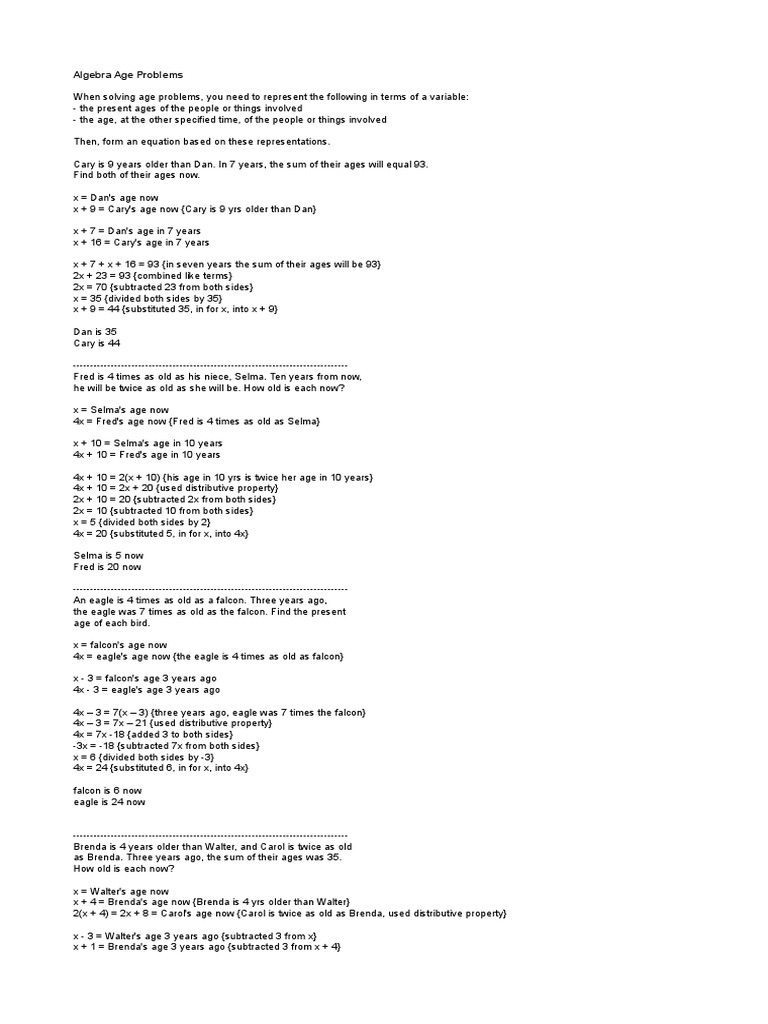 Algebra Age Problems PDF Algebra Equations