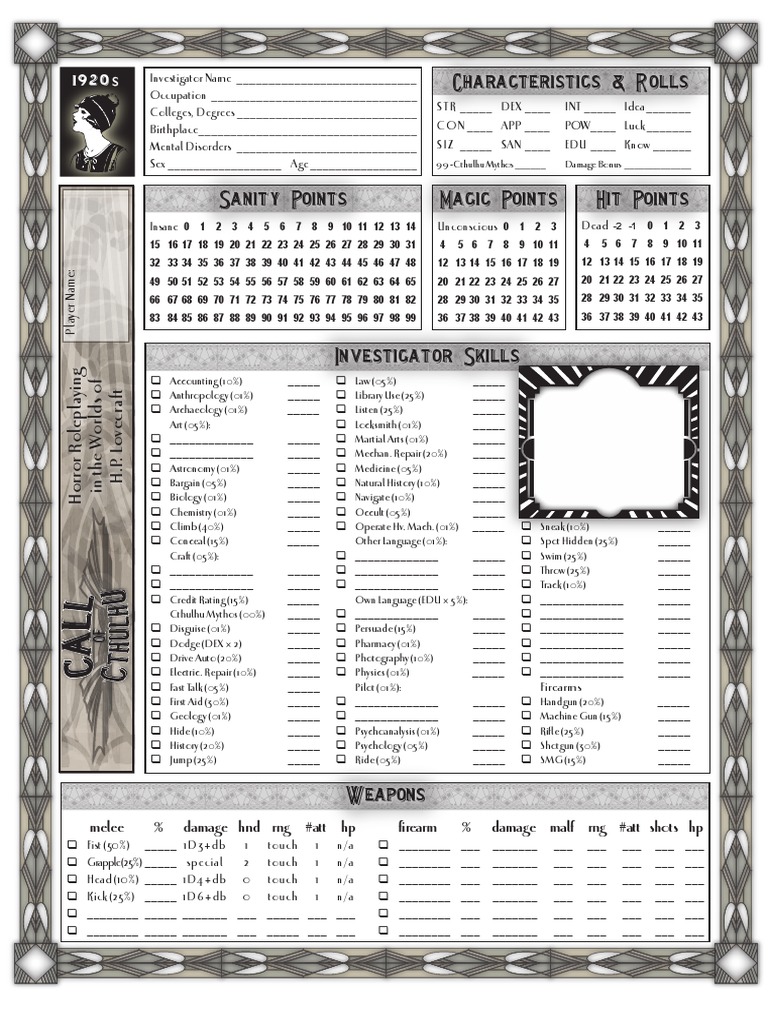 Utility Coc Character Sheet 1920s1920 Art Deco | PDF