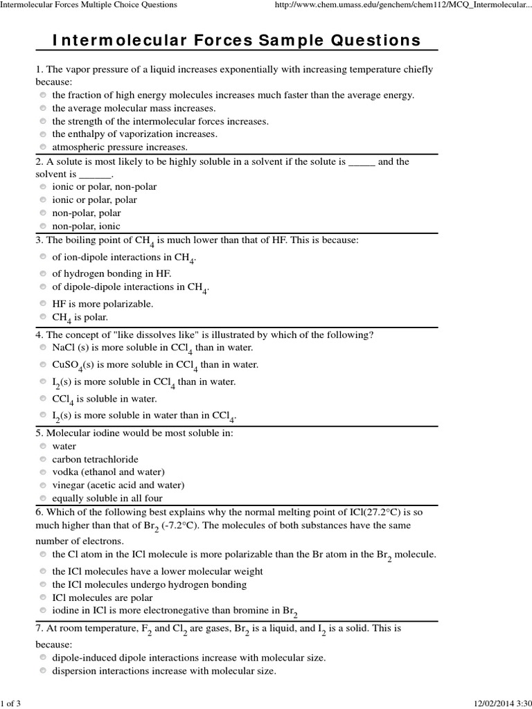 FARFIS Intermolecular Forces Multiple Choice Questions | PDF ...