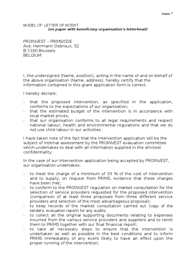 Annex 7: Letter of Intent Template | PDF | Government | Business