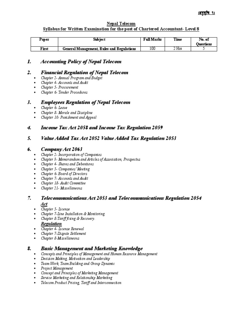 Syllabus For Chartered Accountant in Nepal Telecom | PDF ...