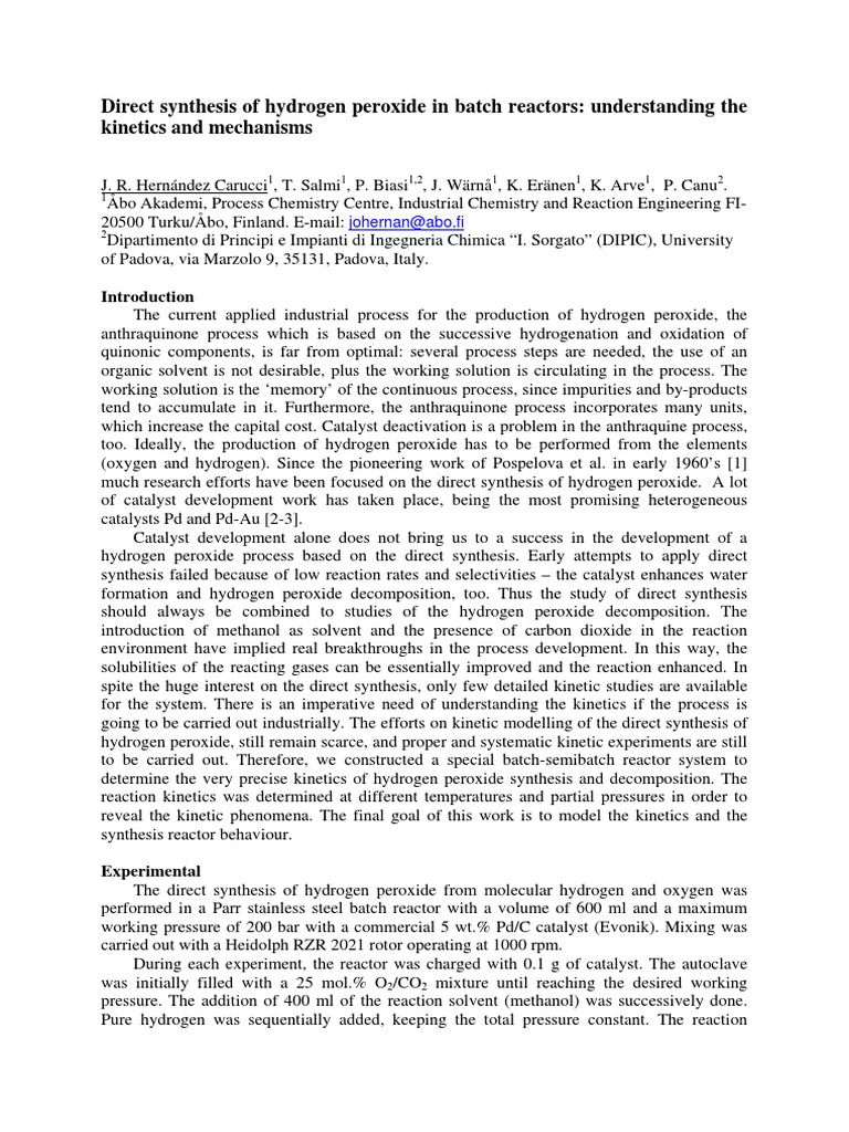 Direct Synthesis of Hydrogen Peroxide in Batch Reactors: Understanding ...