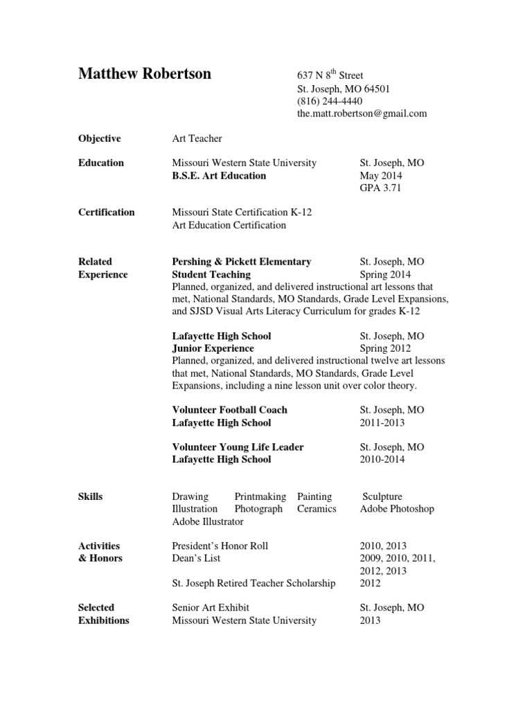 Matthew Robertson Art Teacher Resume | PDF | Sports & Recreation ...