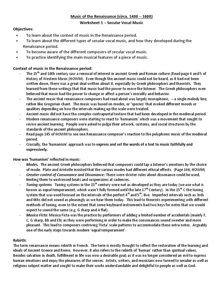 Music of The Renaissance Worksheet 1 | PDF | Renaissance | Mode (Music)