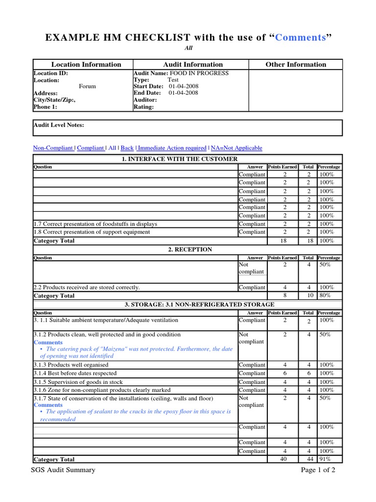 EXAMPLE HM CHECKLIST With The Use of " ": Comments | PDF | Foods | Business