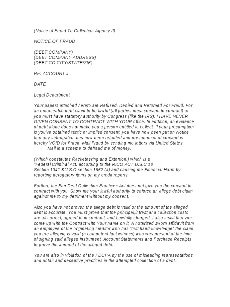 Notice of Fraud To Collection Agency II | PDF | Misconduct | Deception