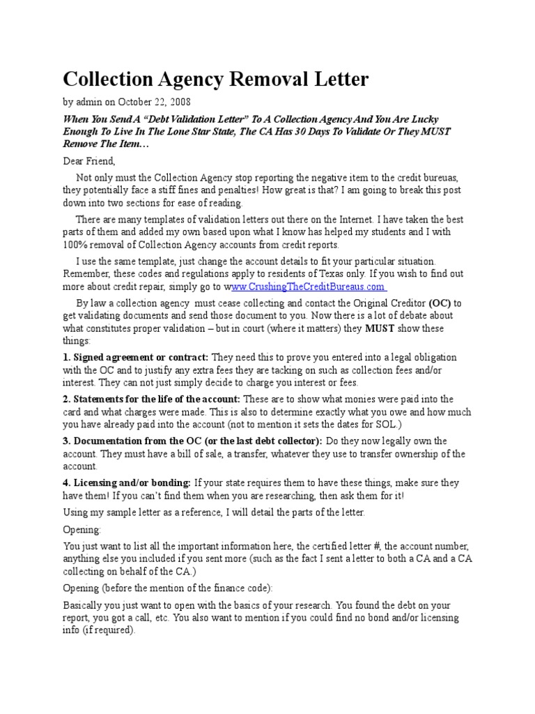 Collection Agency Removal Letter | Collection Agency | Liability ...