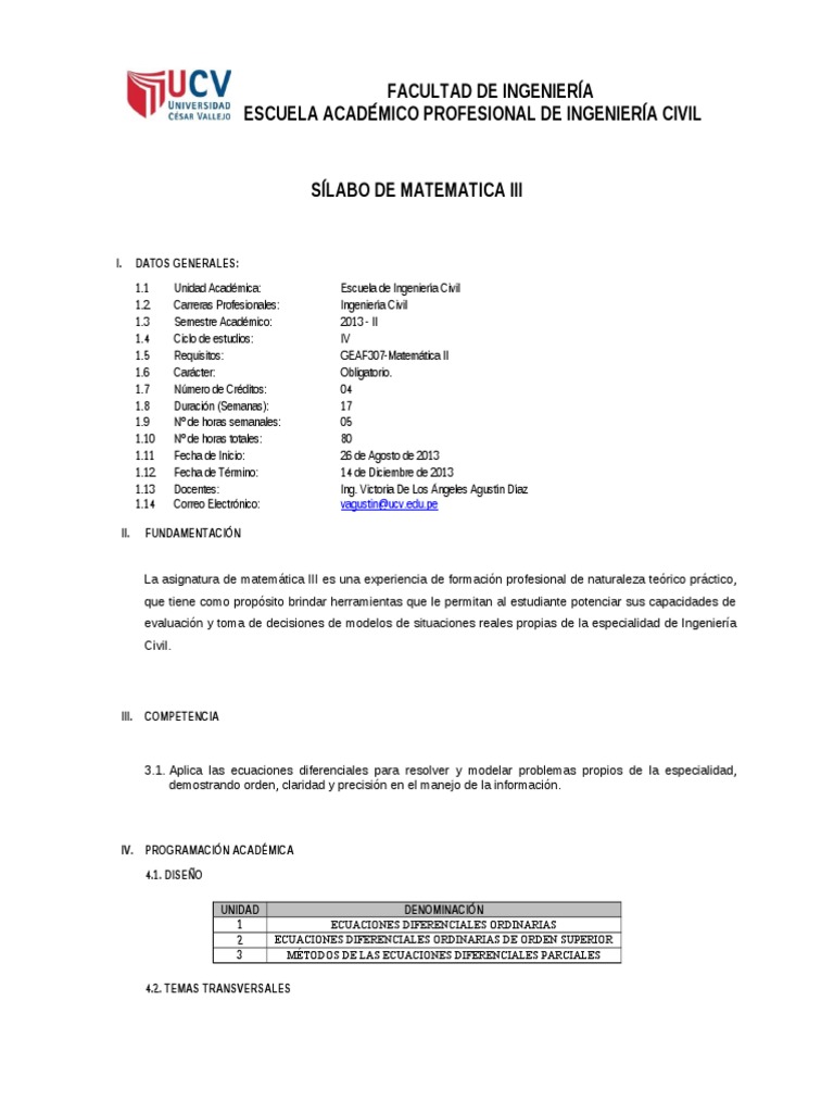 Silabo de Matematica III | PDF | Ecuaciones diferenciales | Ecuación diferencial ordinaria