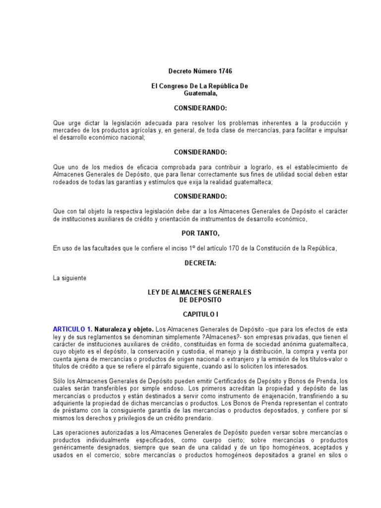 Decreto Numero 1746 Ley de Almacenes Generales de Deposito | PDF ...