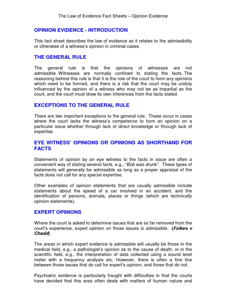 Opinion Evidence | Expert Witness | Evidence