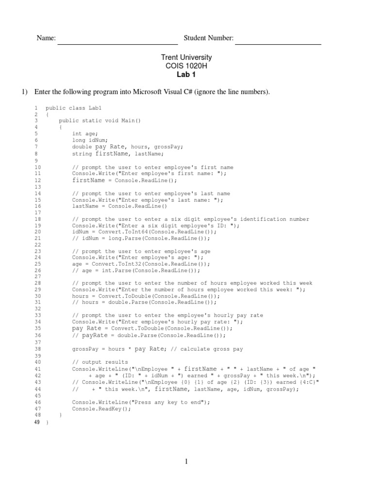 COIS1020H 2012S Lab1 | PDF | Command Line Interface | C Sharp (Programming Language)