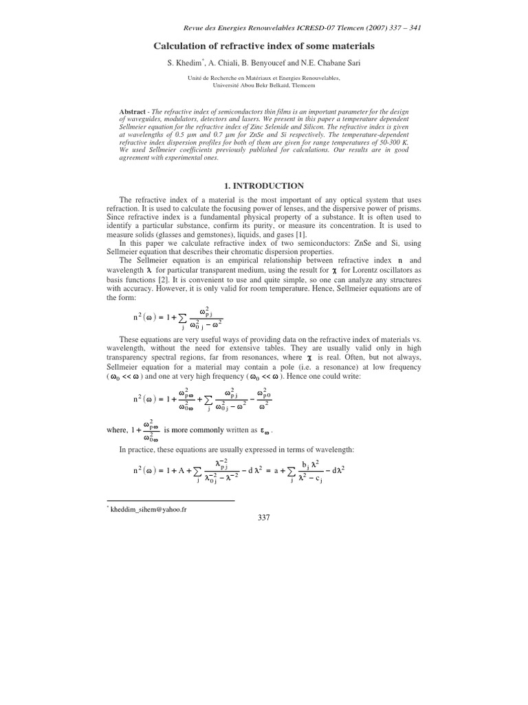 Temperature Dependent Refractive Index Calculations for ZnSe and Si Using Sellmeier Equations ...