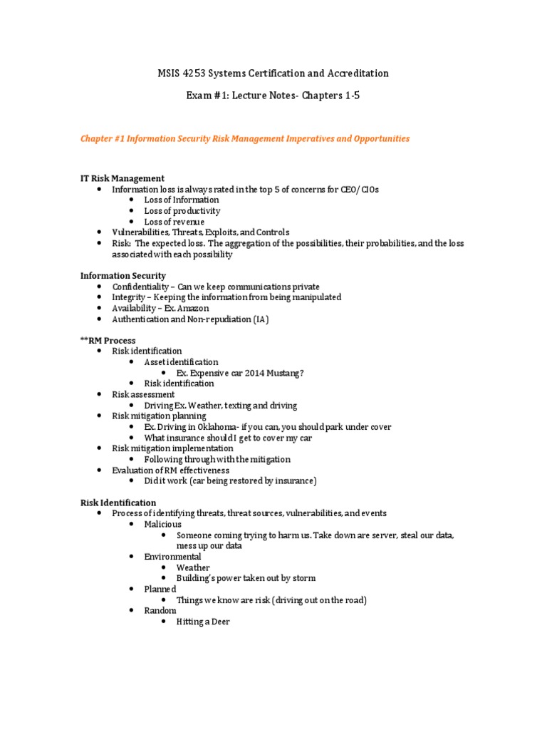 MSIS 4253 Exam 1-Chapters 1-5 Lecture Notes | Threat (Computer) | Risk ...