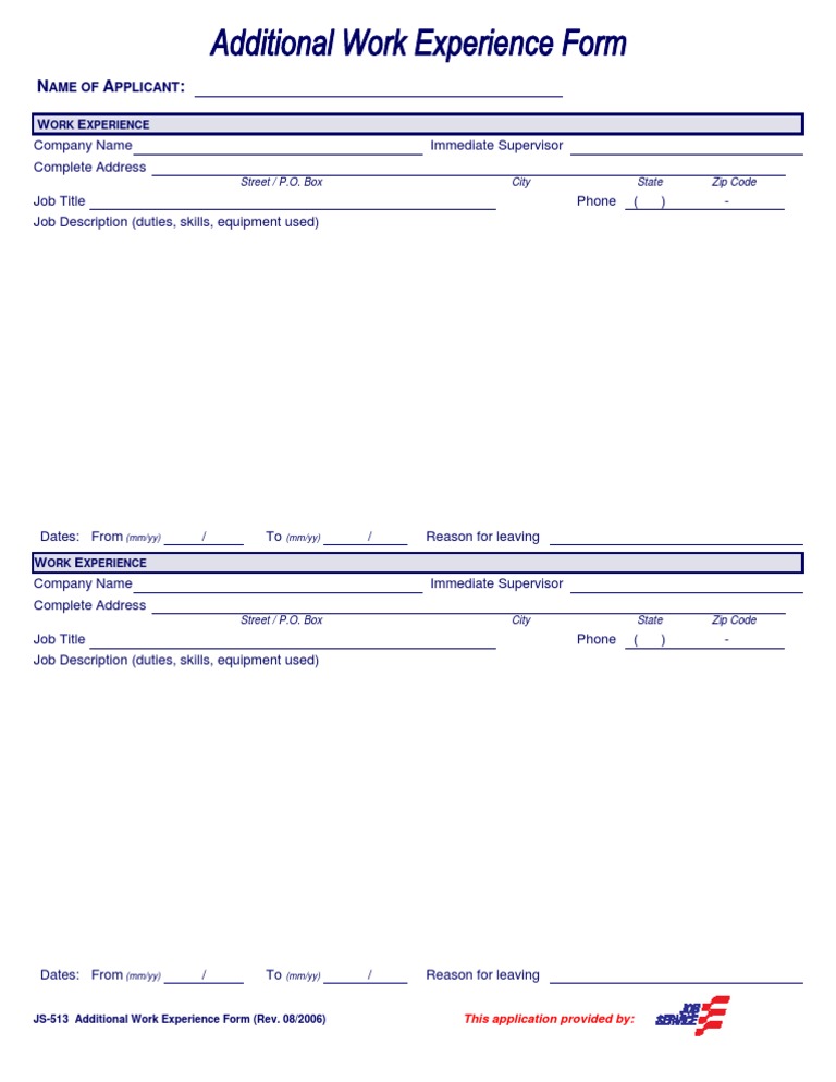 Additional Work Experience Form | PDF