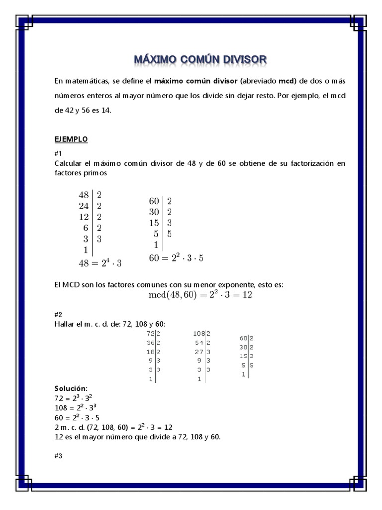 Máximo Común Divisor: Ejemplos y Métodos | PDF | Teoría de los números ...