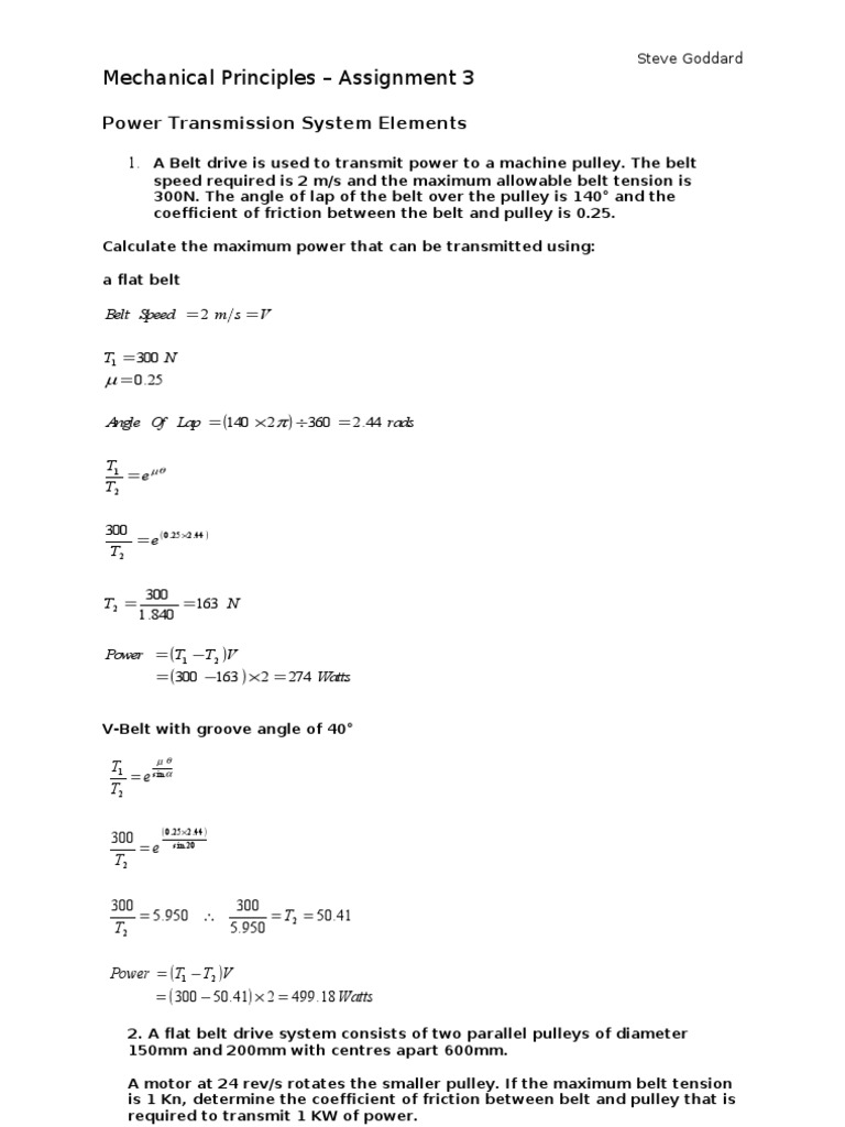 Mechanical Principles - Assignment 3 | PDF | Belt (Mechanical) | Gear