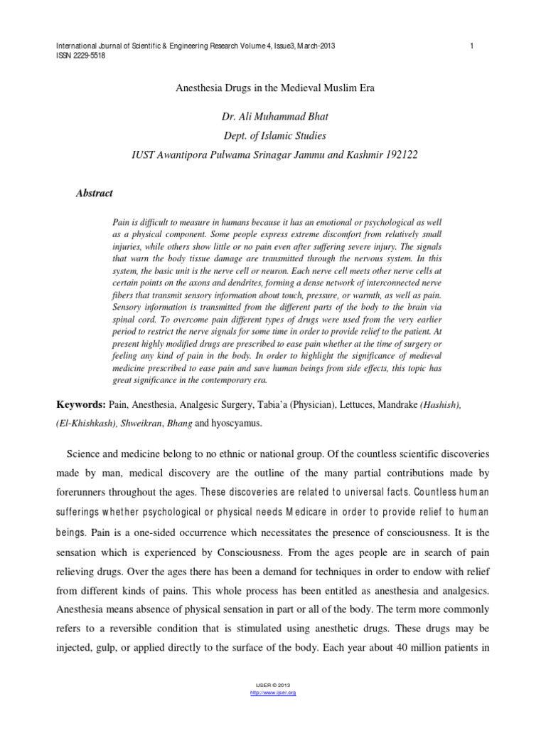 Researchpaper Anesthesia Drugs in The Medieval Muslim Era | PDF ...