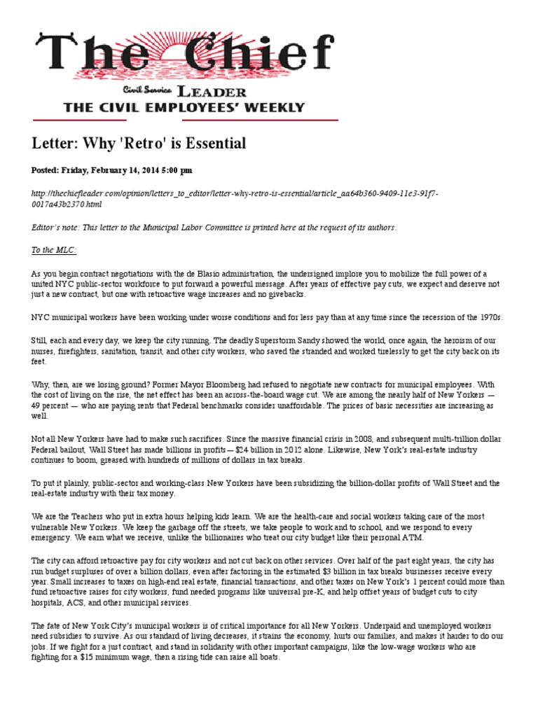 Letter on Retro Pay for the Chief | Minimum Wage | Bill De Blasio