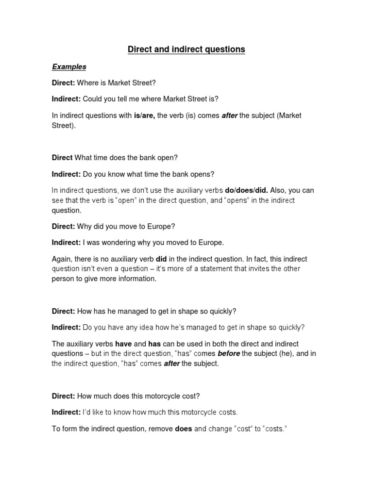 Direct and Indirect Questions | PDF | Question | Subject (Grammar)