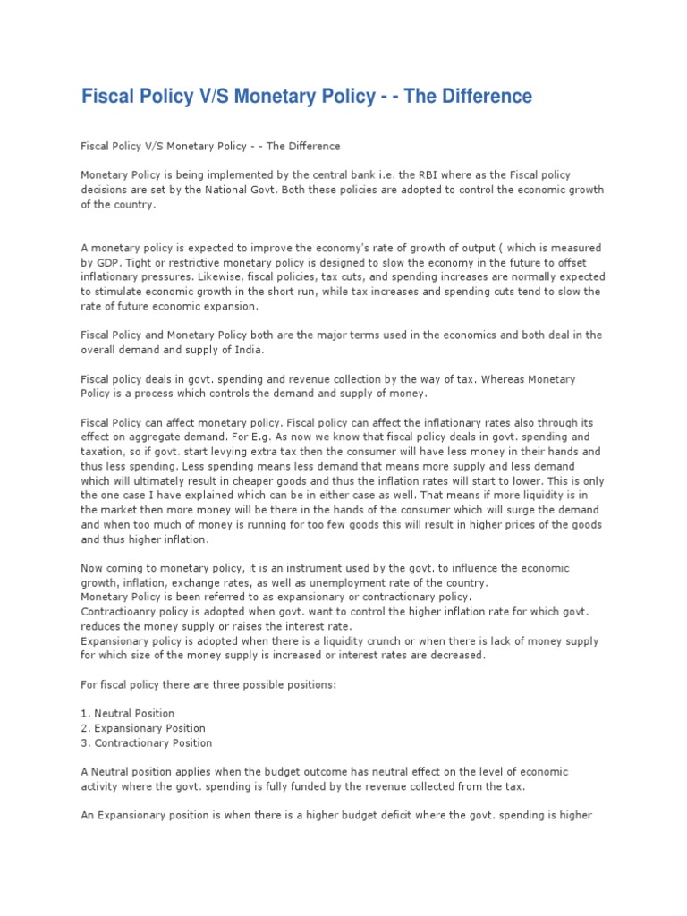 Fiscal Policy Vs Monetary Policy | PDF | Fiscal Policy | Monetary Policy