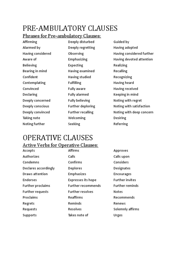 MUN Pre-ambulatory and Operative Clauses | PDF | Career & Growth ...