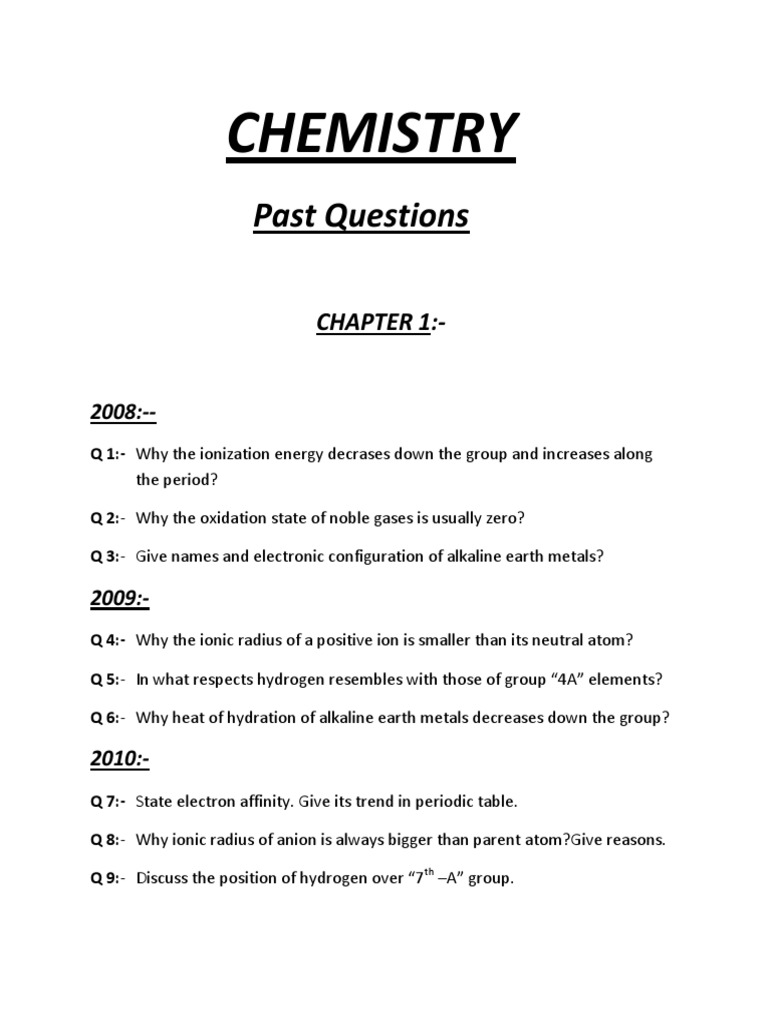 Chemistry: Past Questions | PDF | Periodic Table | Alkene