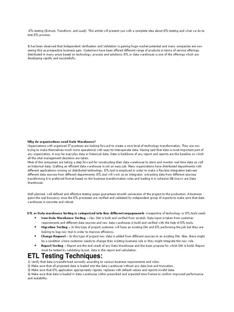 ETL Testing | PDF | Data Warehouse | Computer Data