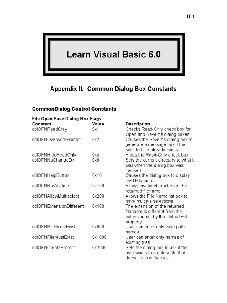 Learn Visual Basic 6.0: Appendix II. Common Dialog Box Constants | PDF | Human–Computer ...