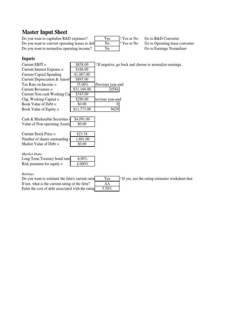Master Input Sheet: Inputs | Download Free PDF | Book Value | Cost Of ...