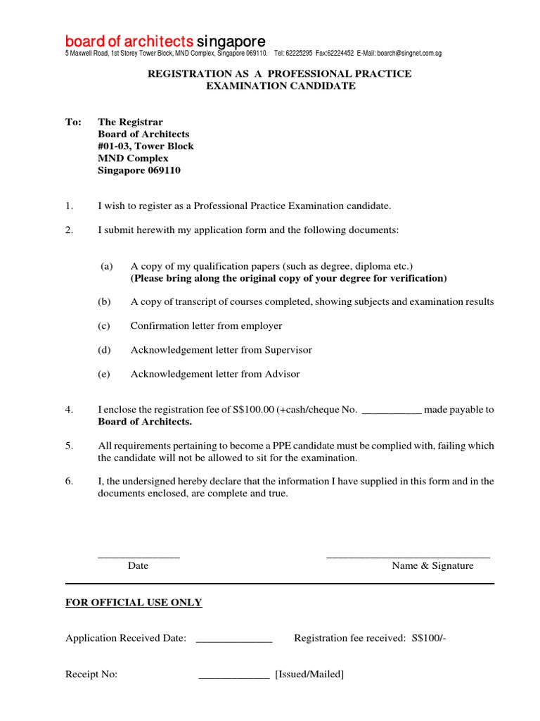 Registration Form for PPE Candidate | Singapore | Architect