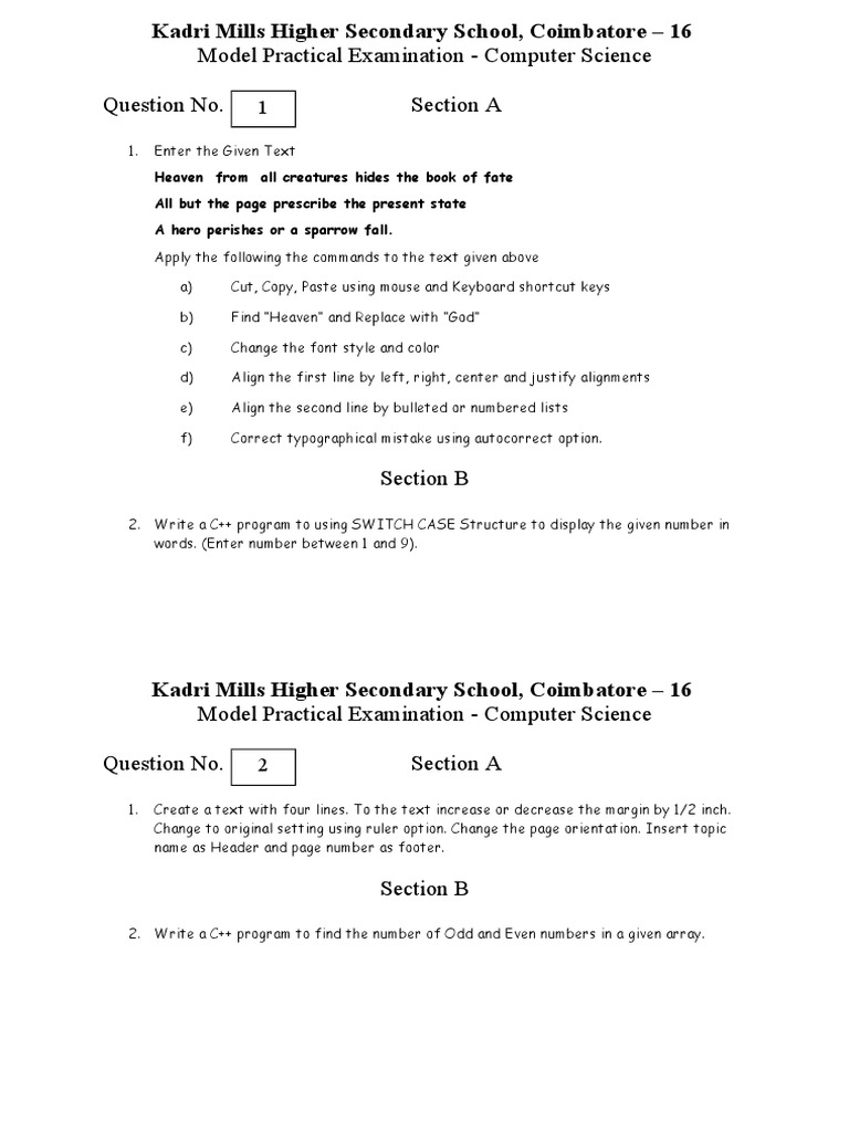 Model Practical Examination - Computer Science Question No. Section A ...