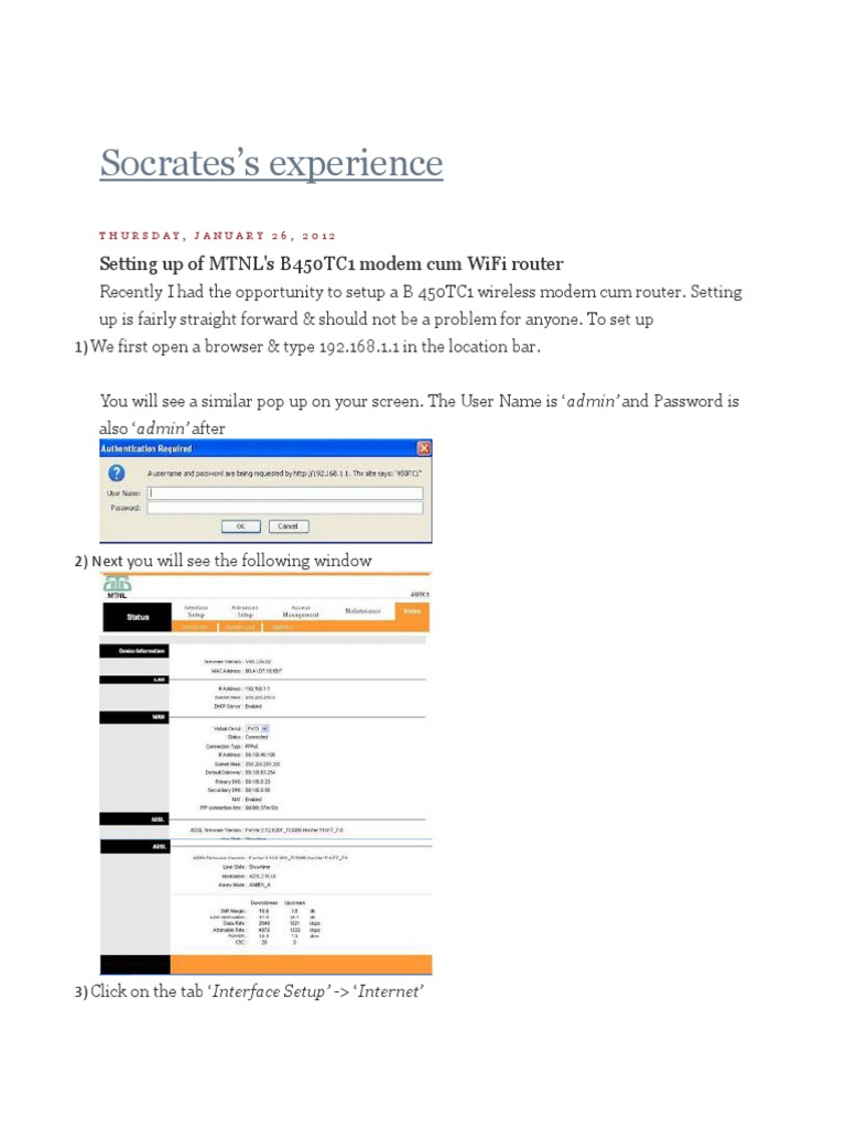 Socrates'S Experience: Setting Up of MTNL'S B450Tc1 Modem Cum Wifi ...