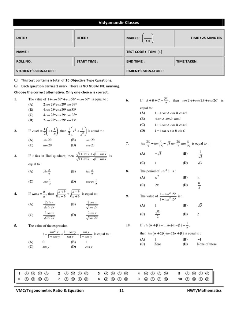 Jee 2014 Booklet1 HWT Trigo Ratio & Equation | PDF | Trigonometric Functions | Sine