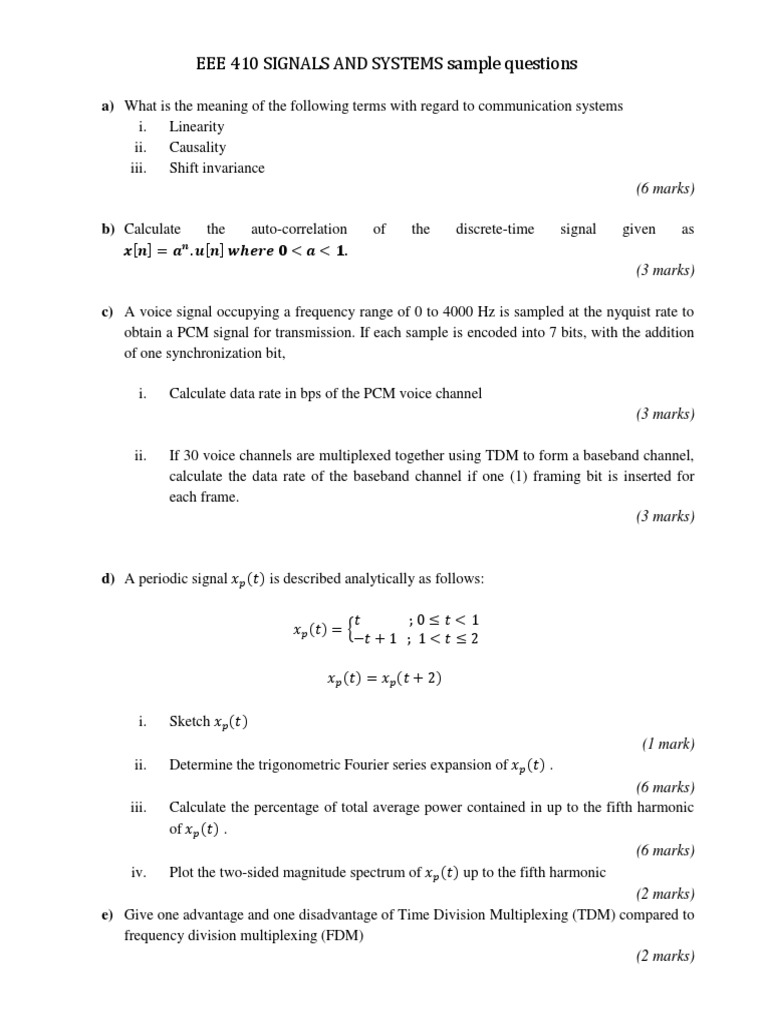 Signals and Systems Sample Questions | PDF | Analog To Digital ...