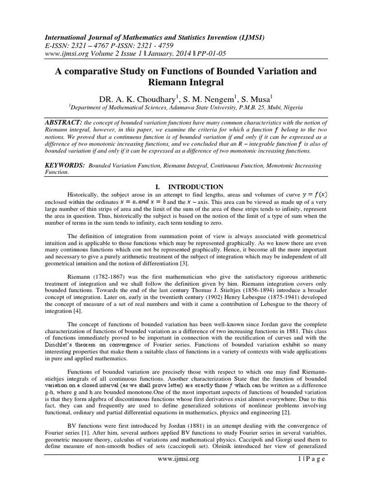 A Comparative Study On Functions of Bounded Variation and Riemann Integral | PDF | Integral ...