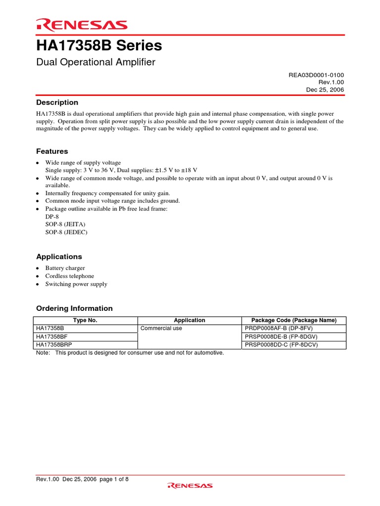 HA17358B Series: Dual Operational Amplifier | PDF | Operational ...